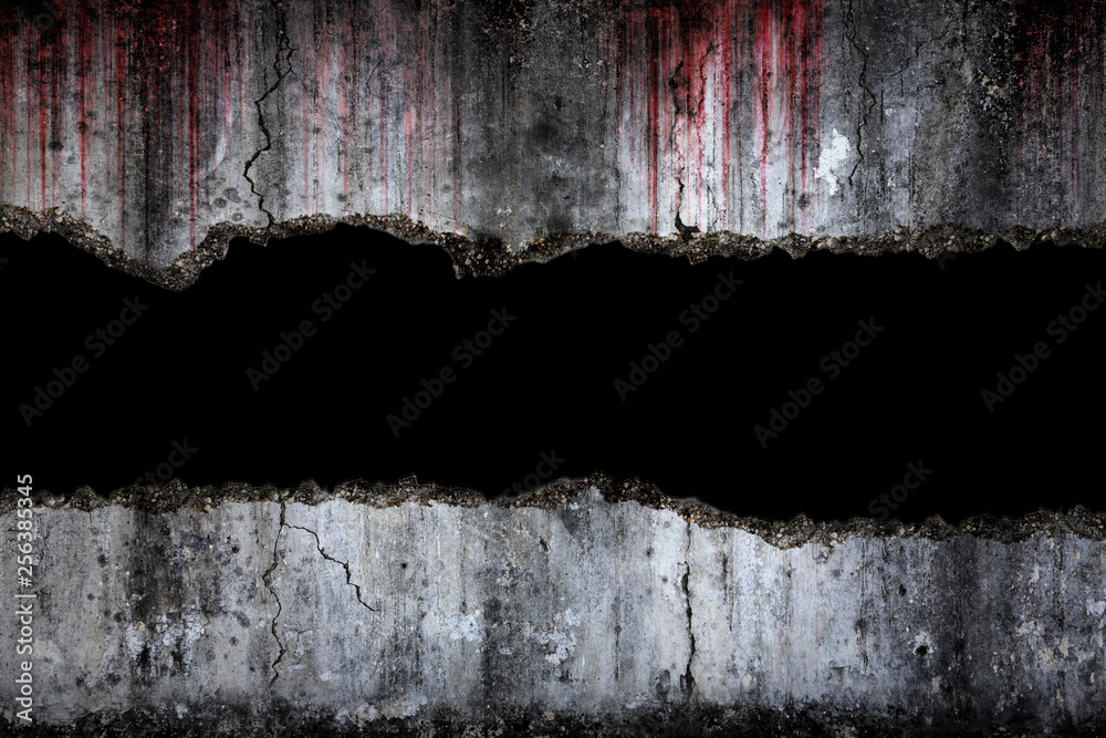 Bloody background scary on damaged grungy crack and broken concrete ...