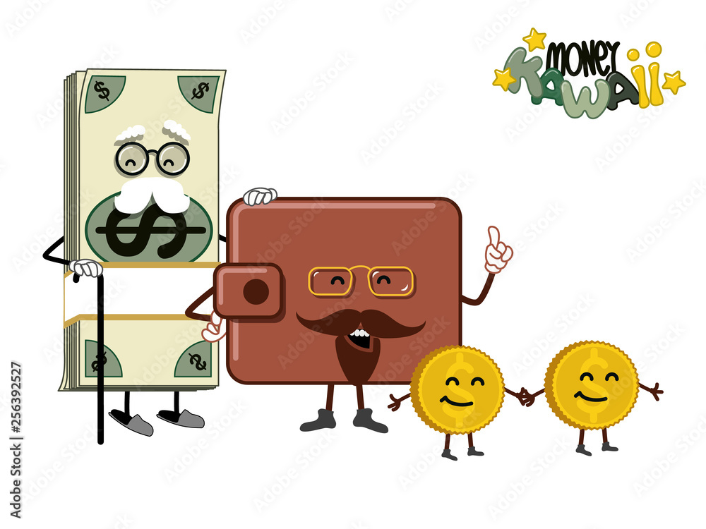 Cute kawaii vector illustration of money characters: old bundle of ...