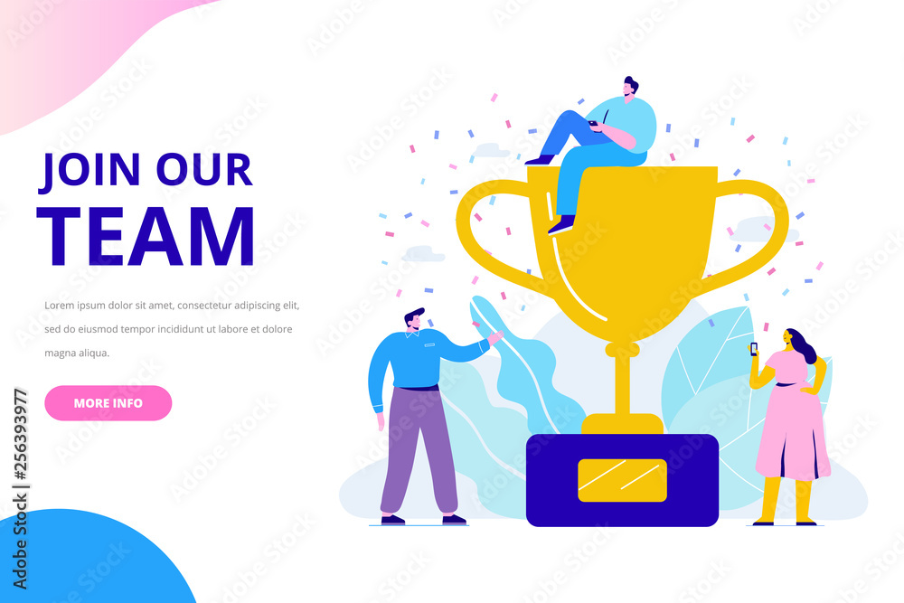 People characters standing together near gold trophy cup. Join our team ...