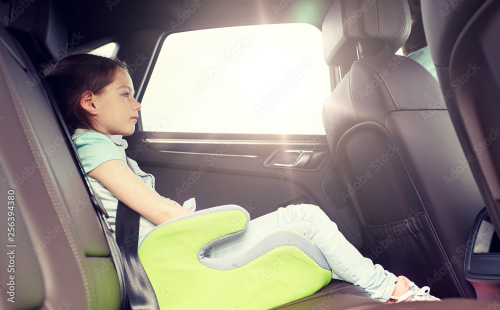 family, transport, road trip and people concept - happy little girl in ...