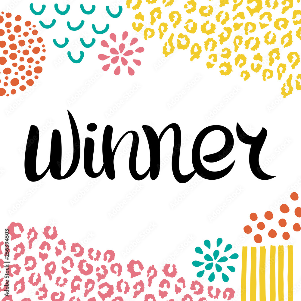 Lettering Winner. Hand drawn Inscription. Background with abstract hand ...