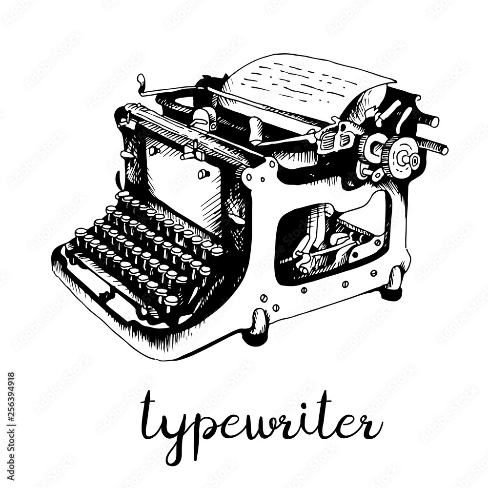 Typewriter hand drawn sketch, vector illustration isolated on white ...