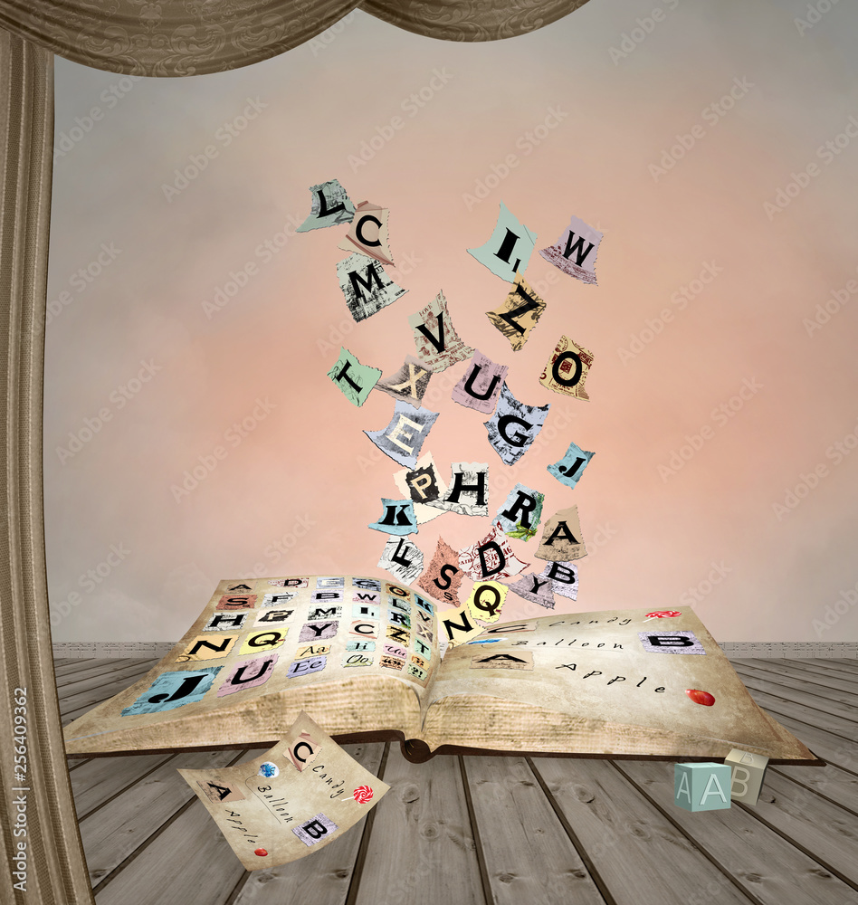 Vintage stage with letters coming out of a book – 3D illustration Stock ...