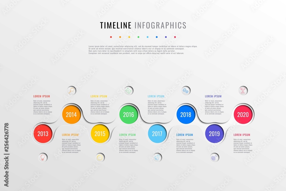 horizontal business timeline with 8 round elements, year indication and ...