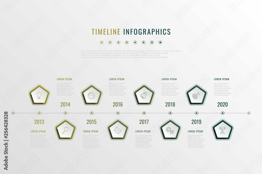 modern corporate history visualisation with pentagonal elements, year ...