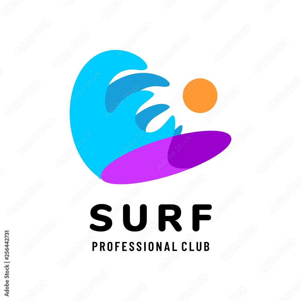 Surf professional club with waves, sun, and surf board logo design ...