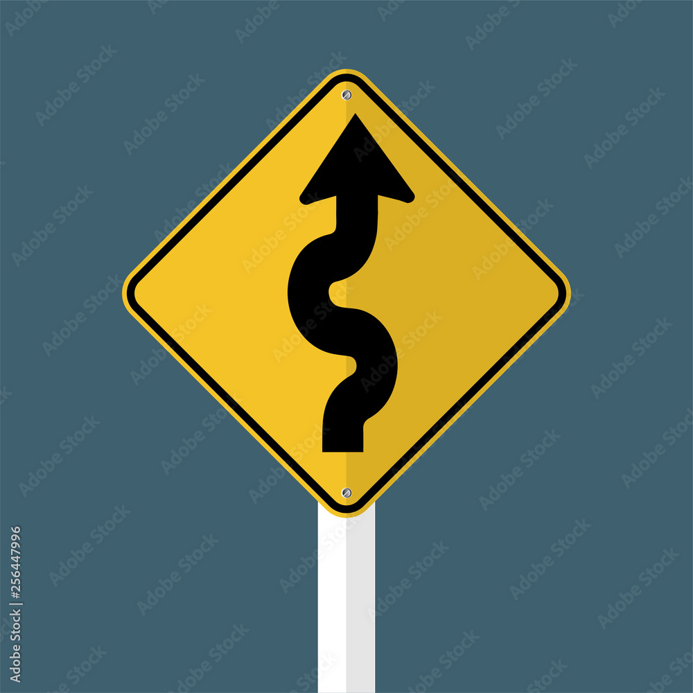 Winding Traffic Road Sign isolated on grey sky background.Vector ...