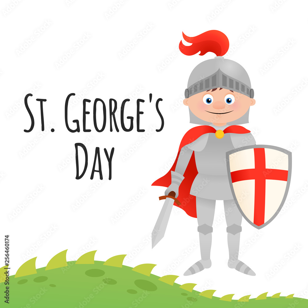 St. George's Day card with knight and dragon, cartoon vector ...