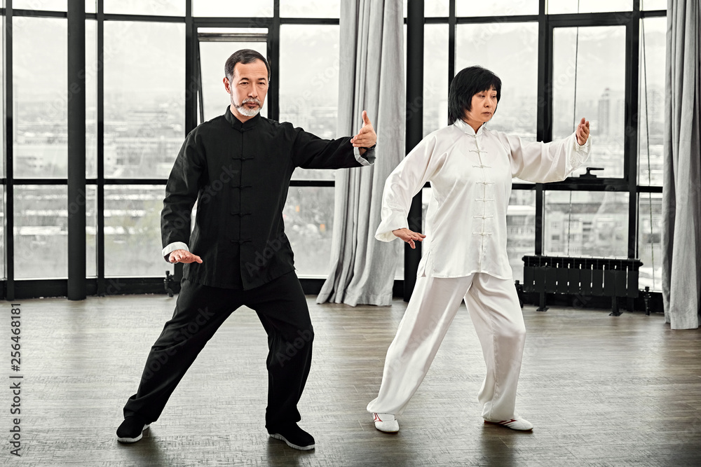 Couple of senior masters practicing qi qong taijiquan at studio. Breathing exercise and martial ...
