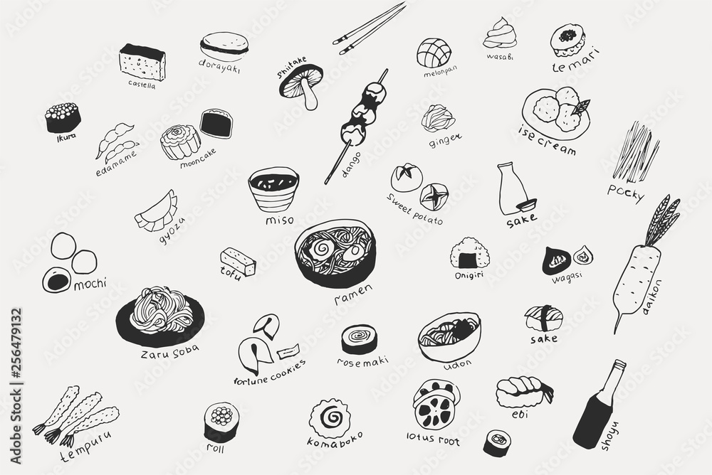 Collection of the different japanese food. Hand drawn line art set of ...