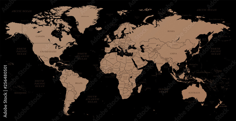 High detailed copper-textured world map illustration with borders ...