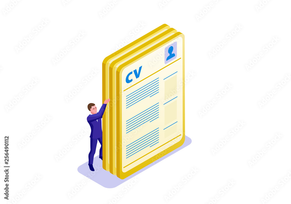 CV isometric infographic template with 3d man holding a4 format paper ...
