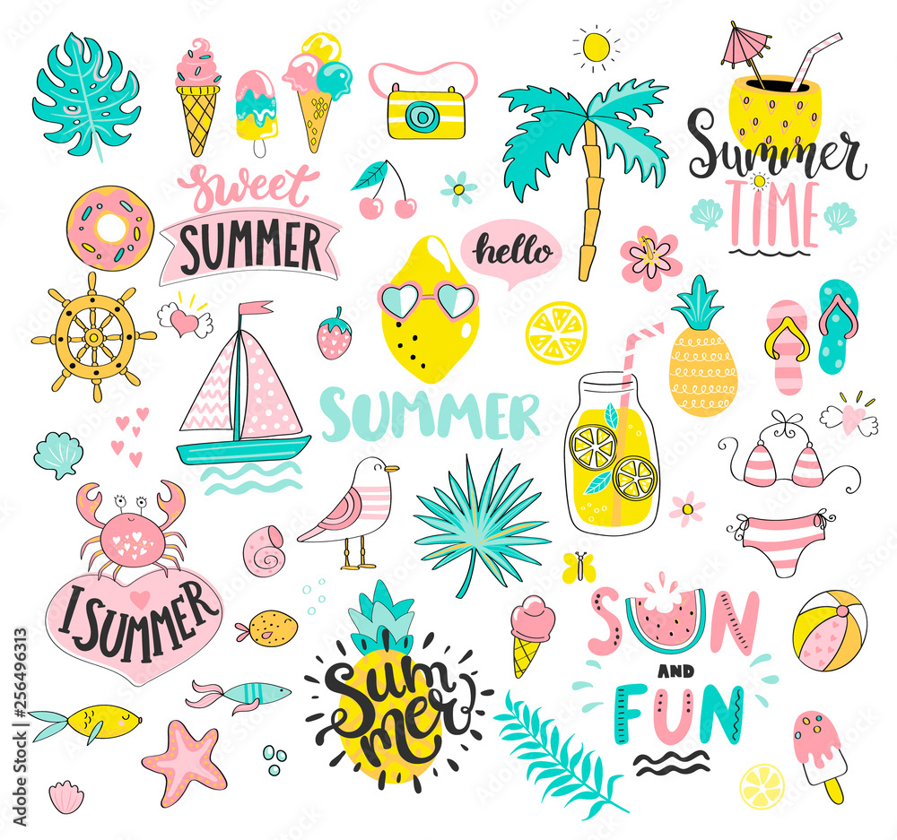 Big Summer set of sun and fun hand drawn elements such as boat,sun ...