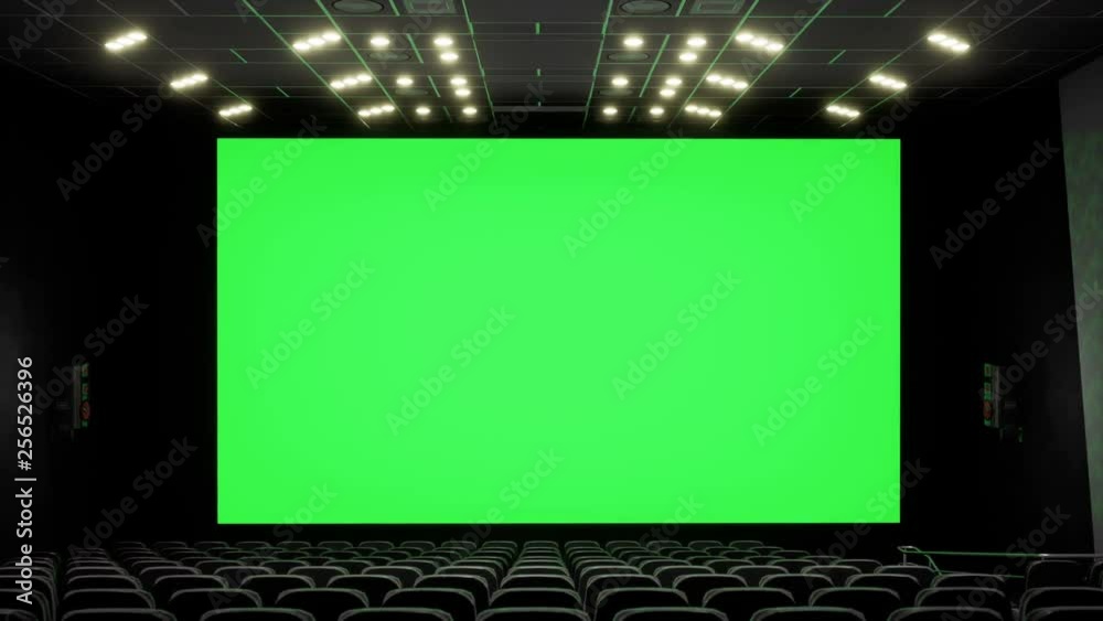 Cinema interior of movie theatre with blank movie theater screen with ...