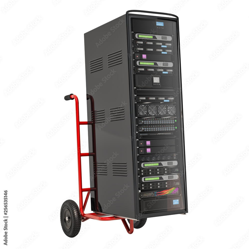 Hand truck with computer server rack, delivery concept. 3D rendering ...