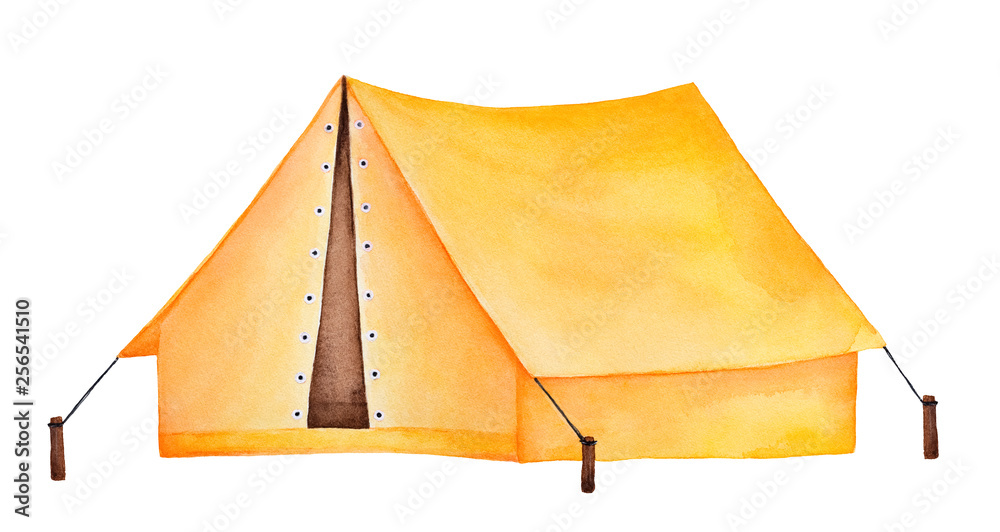 Bright yellow camping tent watercolour drawing. One single object ...