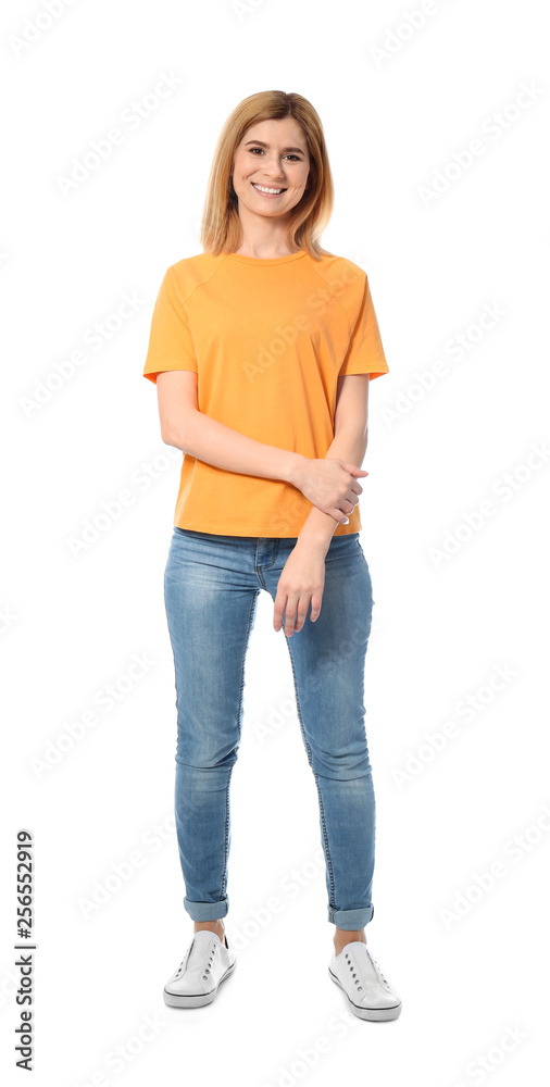 Full length portrait of beautiful woman posing on white background ...