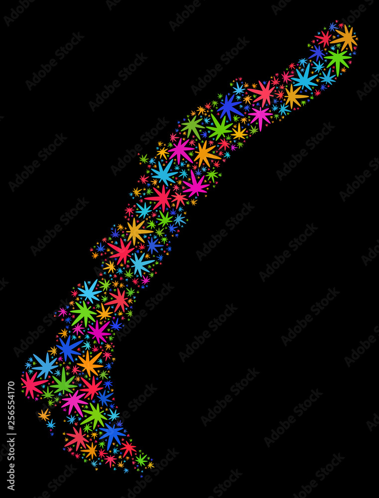 Vecteur Stock Bright vector cannabis Novaya Zemlya Islands map collage ...