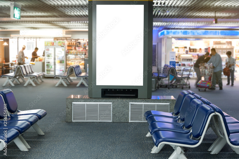 Blank mock up light box template vertical sign stand display in Airport ...