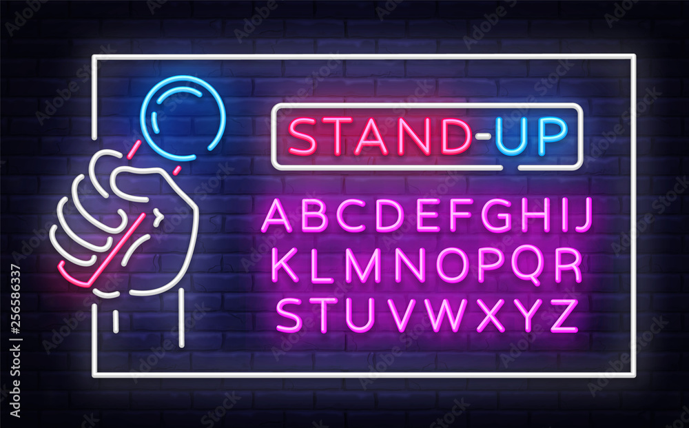 Stand Up Neon Signboard in Frame Vector. Microphone in Hand neon sign ...