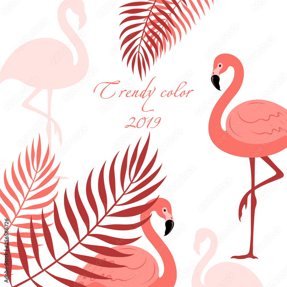 Tropical background with palm leaves and flamingos.Live coral color ...