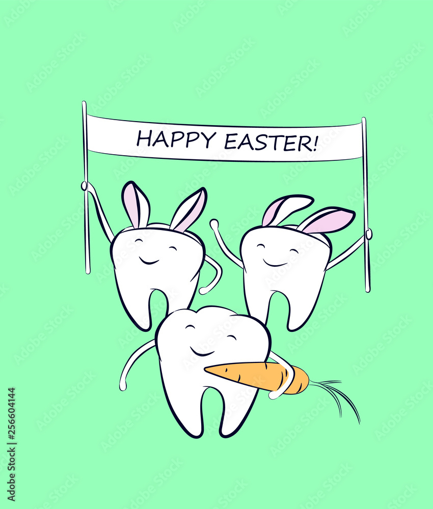 Smiling cartoon teeth in a costume with bunny ears and with a banner in ...