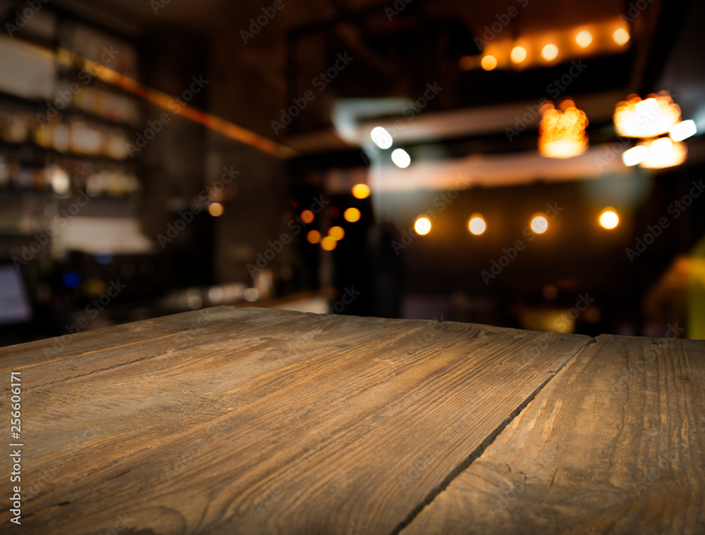 blurred background of bar and dark brown desk space of retro wood Stock ...
