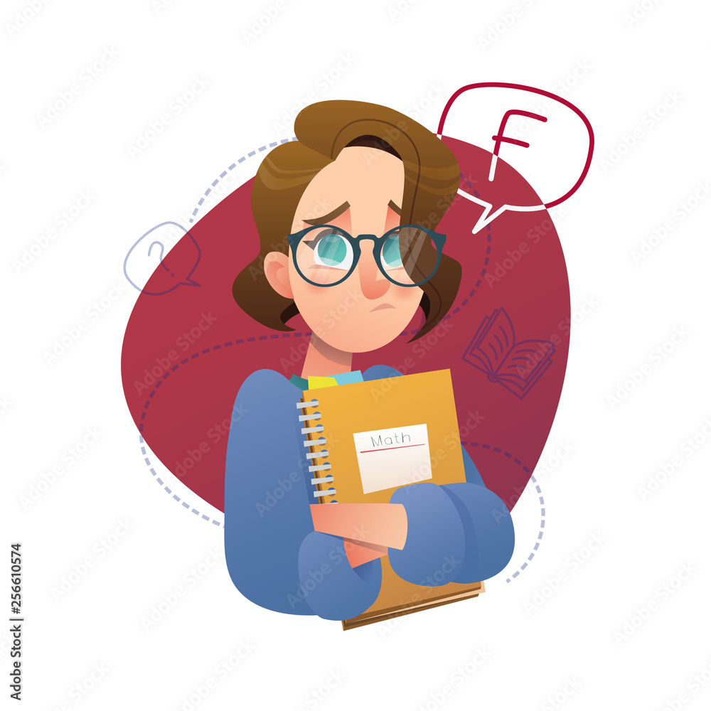 Cartoon science vector illustration with girl study exam on white ...