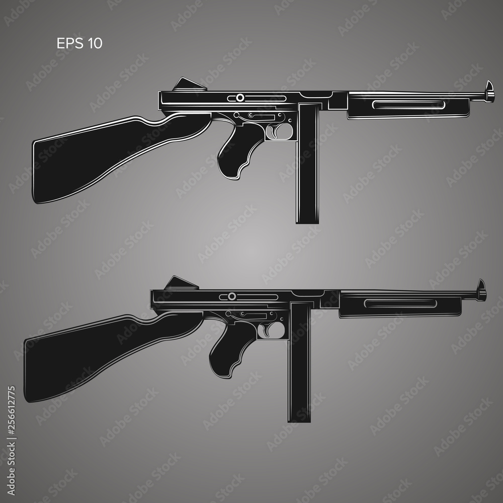 Vintage retro american sub-machine gun vector illustration. Old famous ...