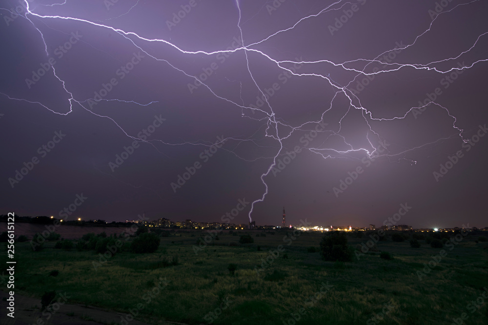 Huge lightning bold on the night sky during a storm. Nature unleashed ...