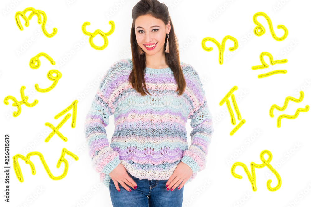 Zodiac signs of yellow color on a white background, the woman the ...