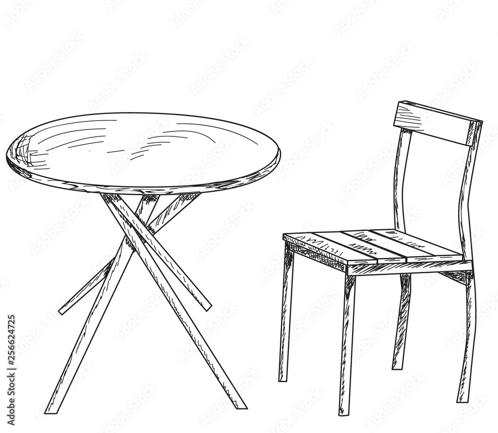 isolated round table and chair sketch, lines Stock Vector | Adobe Stock