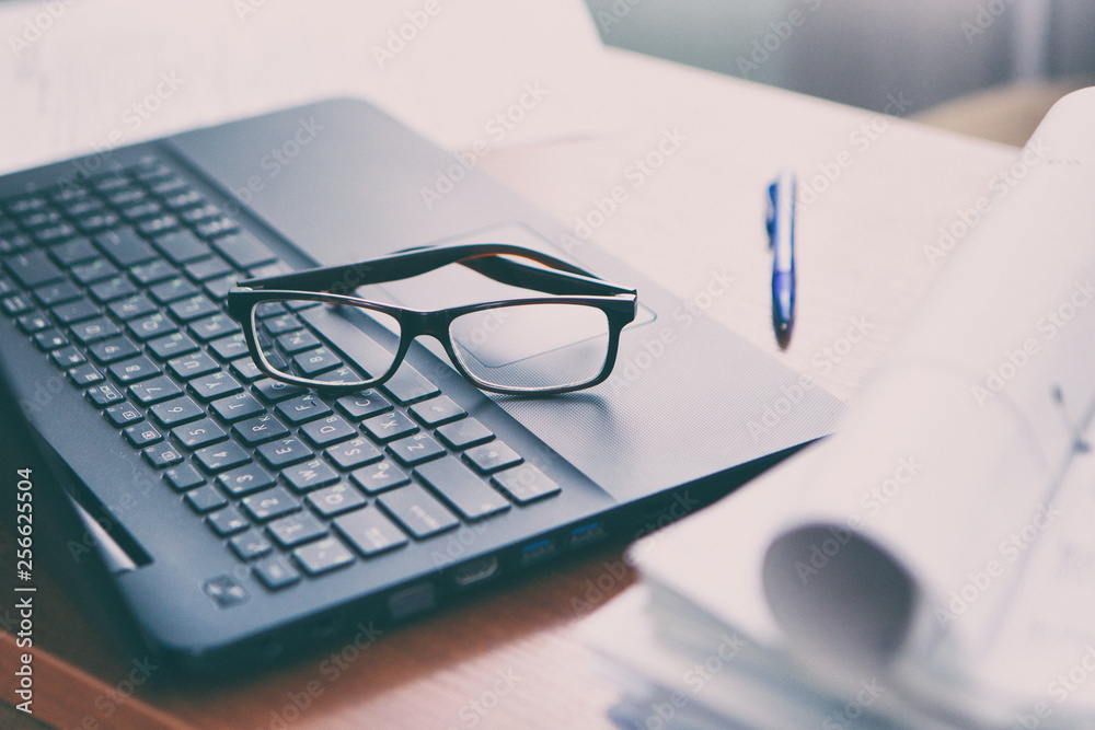 office desk a stack of computer paper reports work forms Stock Photo ...