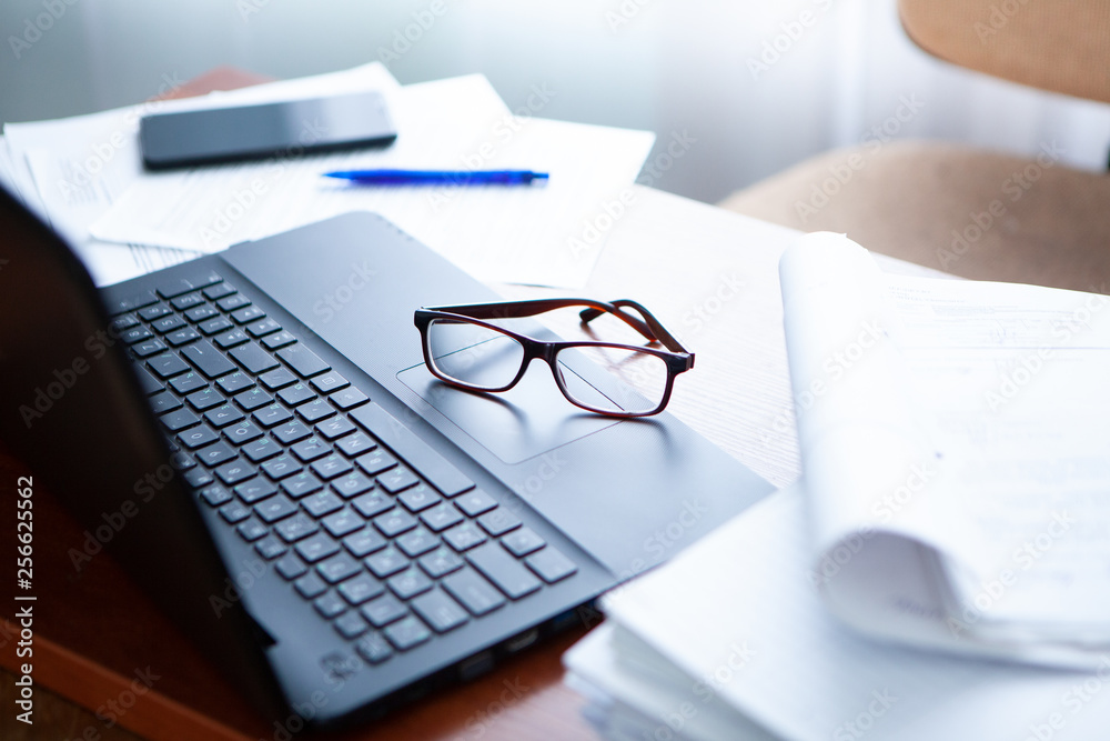 office desk a stack of computer paper reports work forms Stock Photo ...