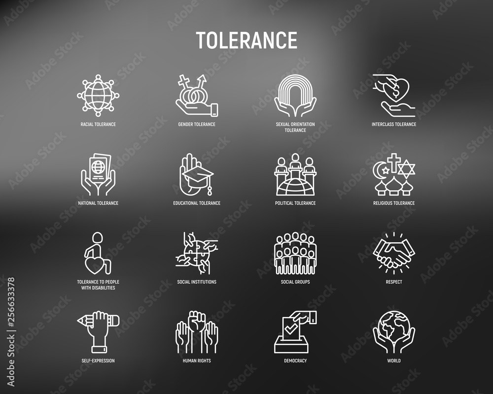 Tolerance thin line icons set: gender, racial, national, religious ...