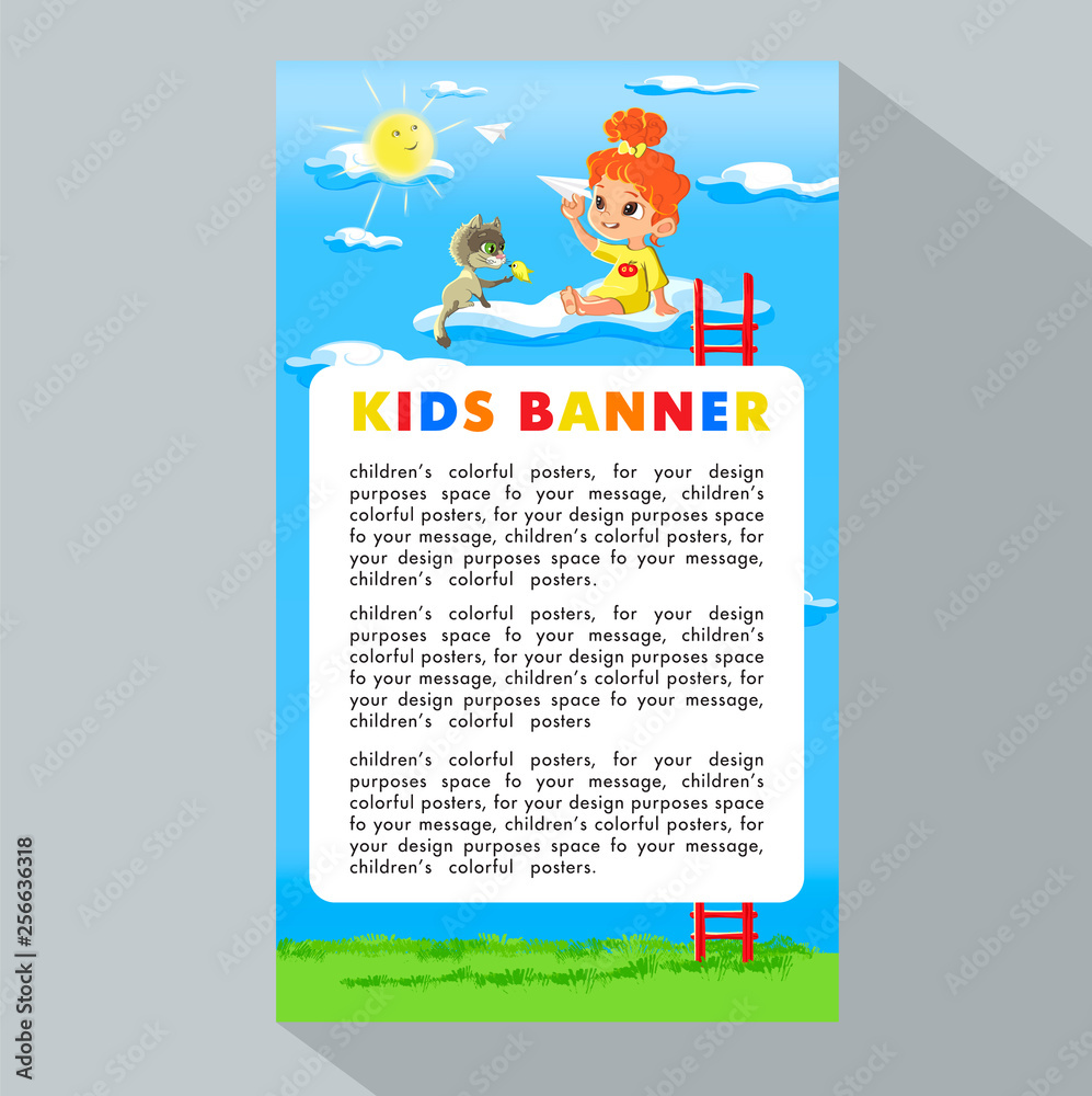 Summer Kids. Vector illustration of kid playing on clouds with a paper ...