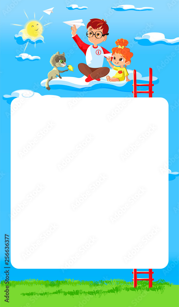 Summer Kids. Illustration of kids playing on clouds with a paper ...