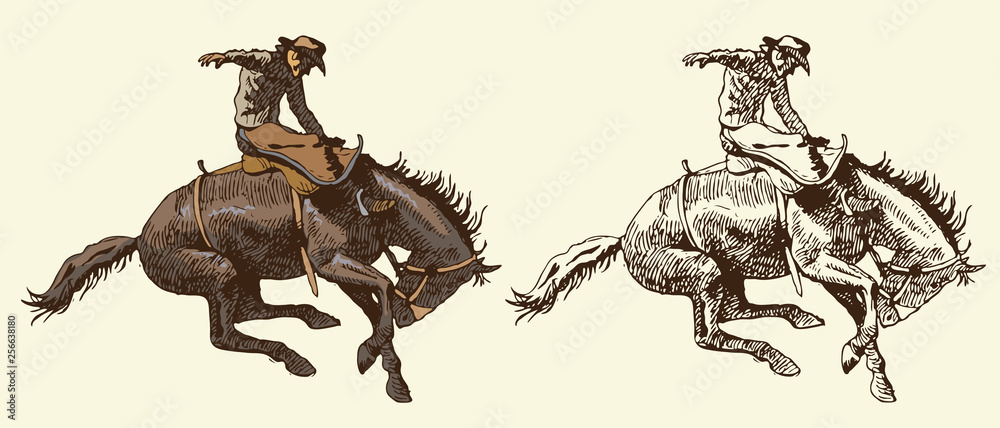 Print cowboy riding a wild horse mustang rounding a kicking horse on a ...