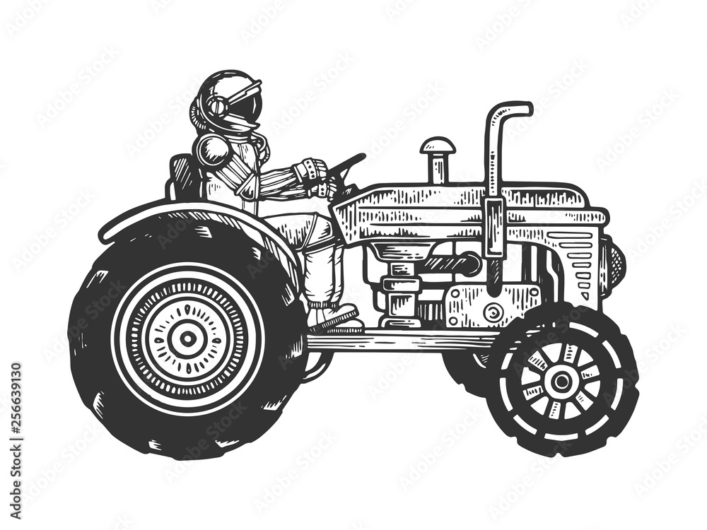 Astronaut ride agricultural tractor sketch engraving vector ...