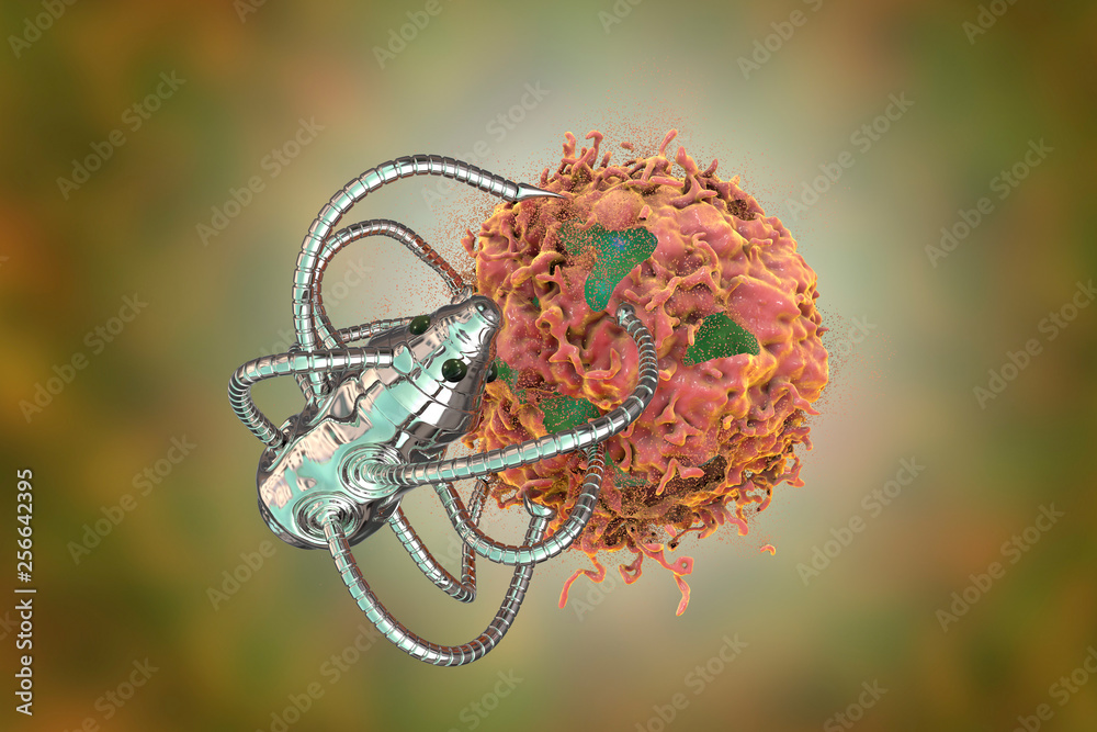 Nanobot attacking cancer cell, nanotechnology medical concept, 3D ...