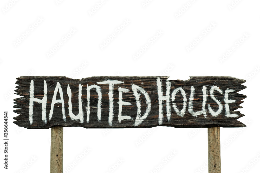 Old scary wooden haunted house board sign isolate on white background ...