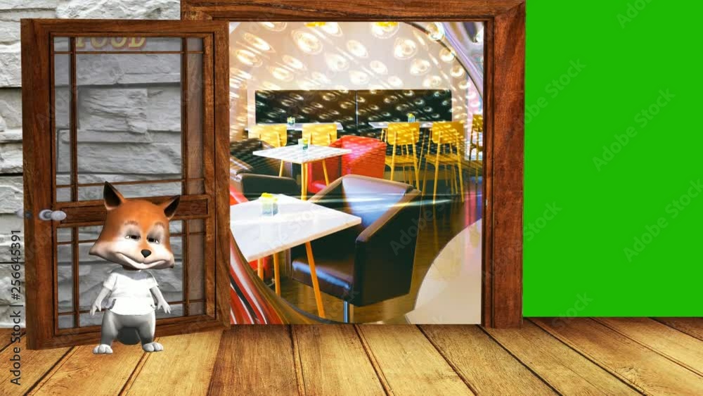 11 animated restaurant advert with foxy waiter and green insert Stock ...