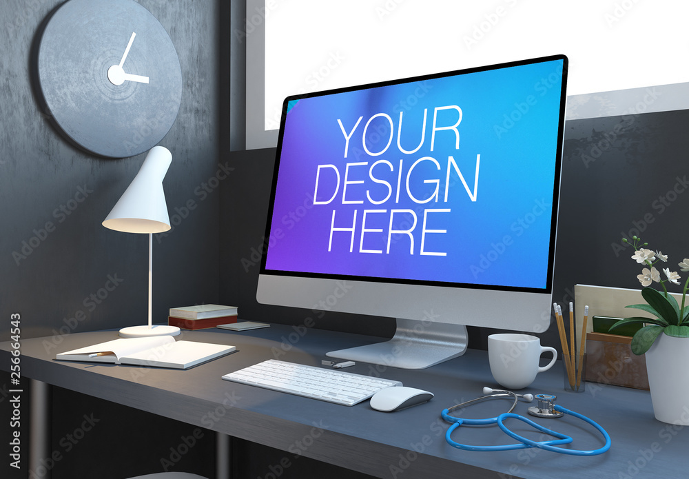 Computer with Website on Desk with Stethoscope Mockup Stock Template ...