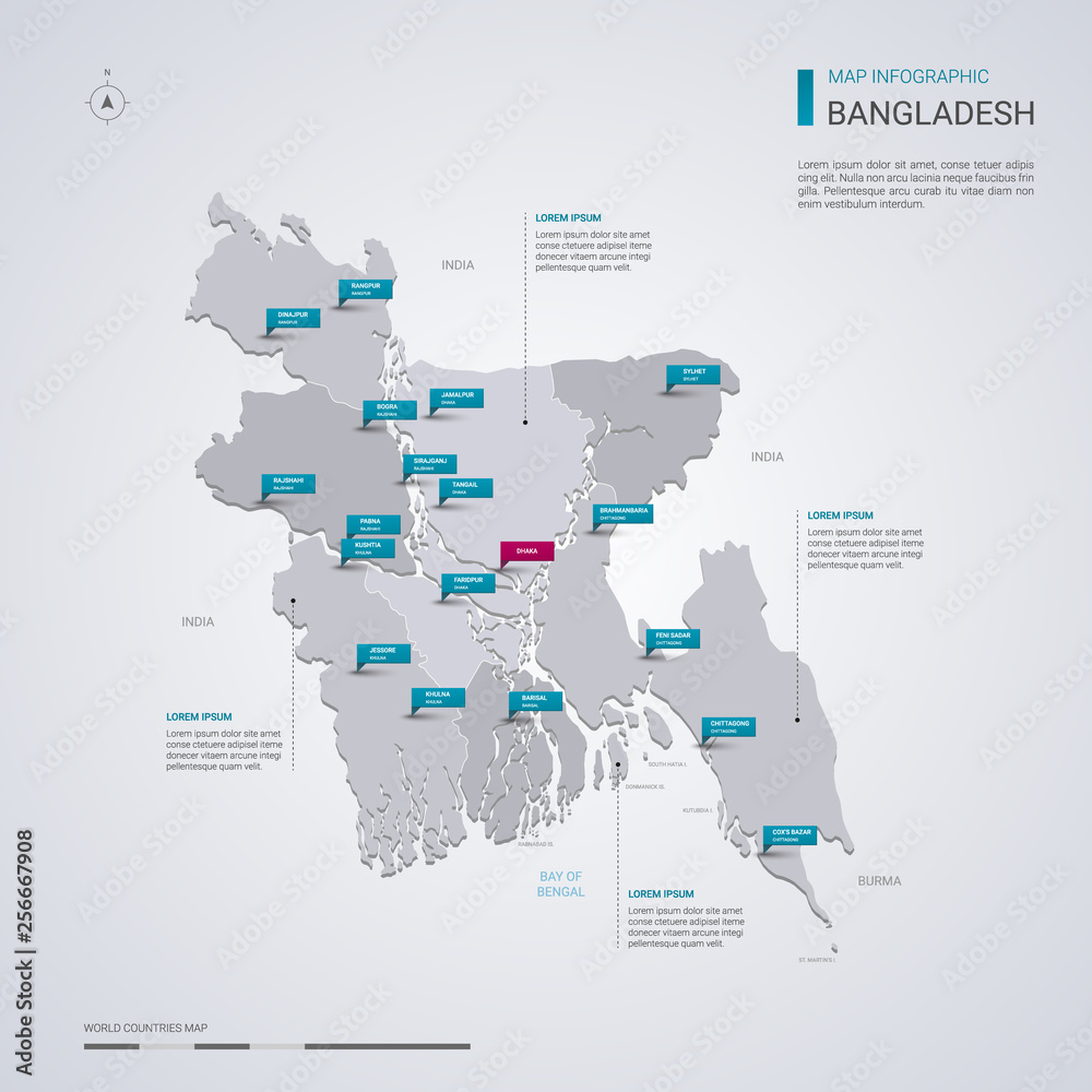 Bangladesh vector map with infographic elements, pointer marks. Stock ...