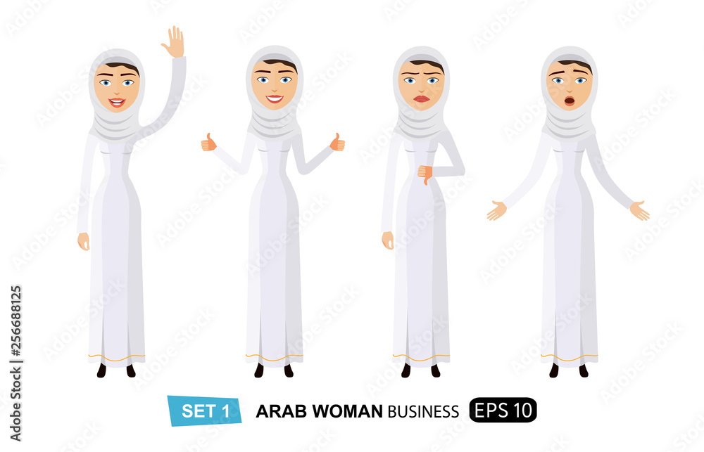 Emotions arab business women set waving hand happy goodbye cartoon ...