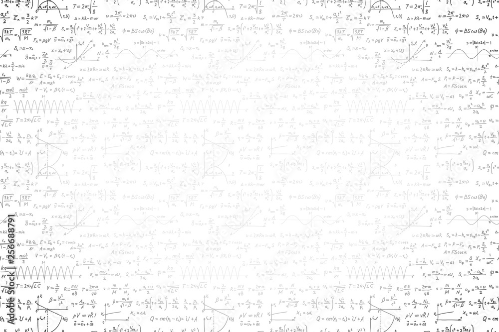 Black hand-drawn complicated scientific formulas and calculations, wide ...