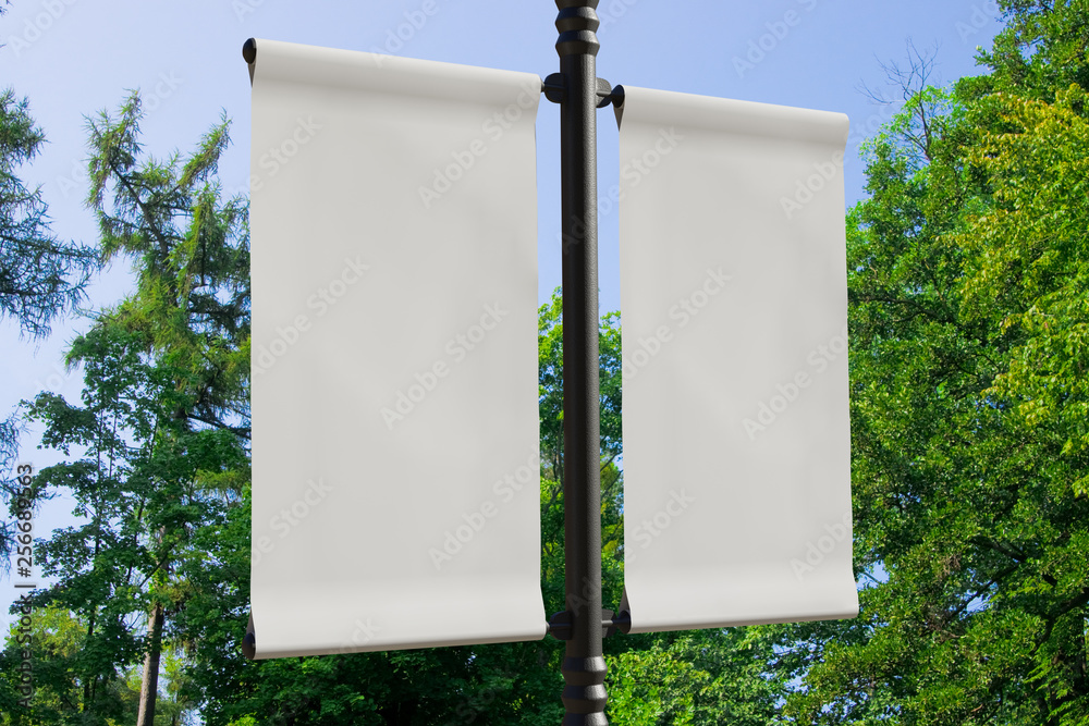 3D rendering of blank flag banner (empty advertisement) with clouds ...