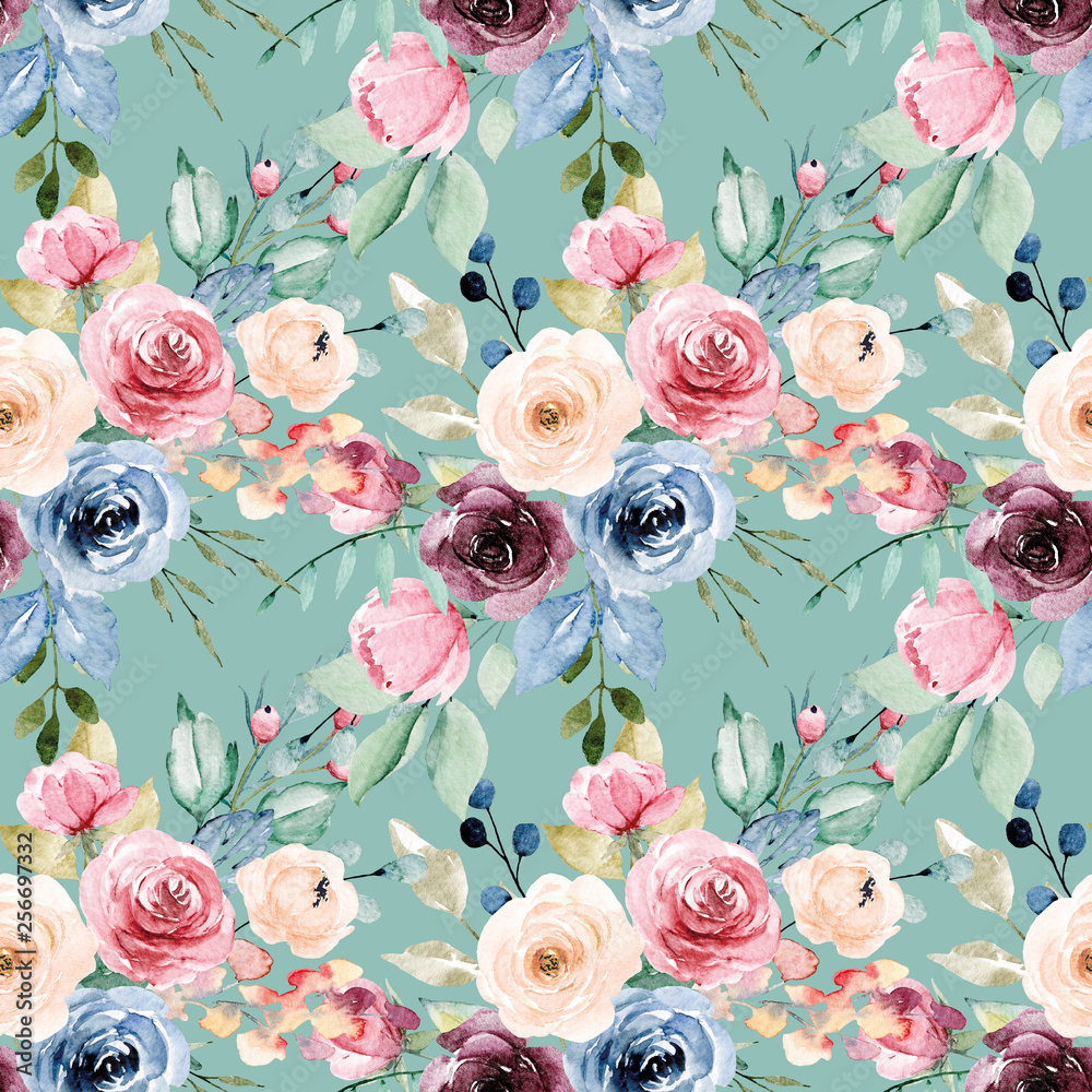 Seamless pattern with watercolor flowers roses, repeating floral ...