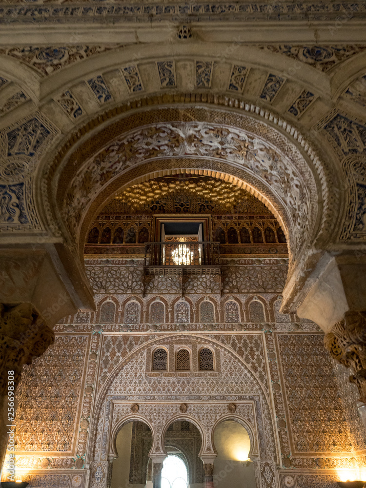 SEVILLE, SPAIN - March 2018: Real Alcazar de Sevilla, fortified palace ...