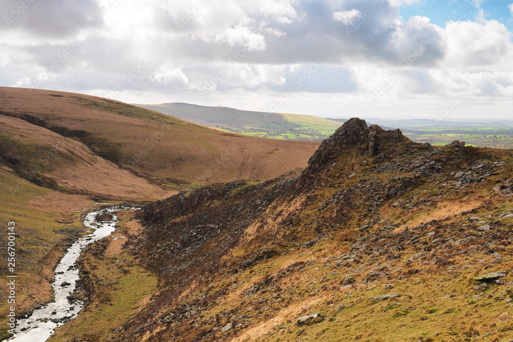 River Tavy cascades through Tavy Cleave gorge overlooked by the ...